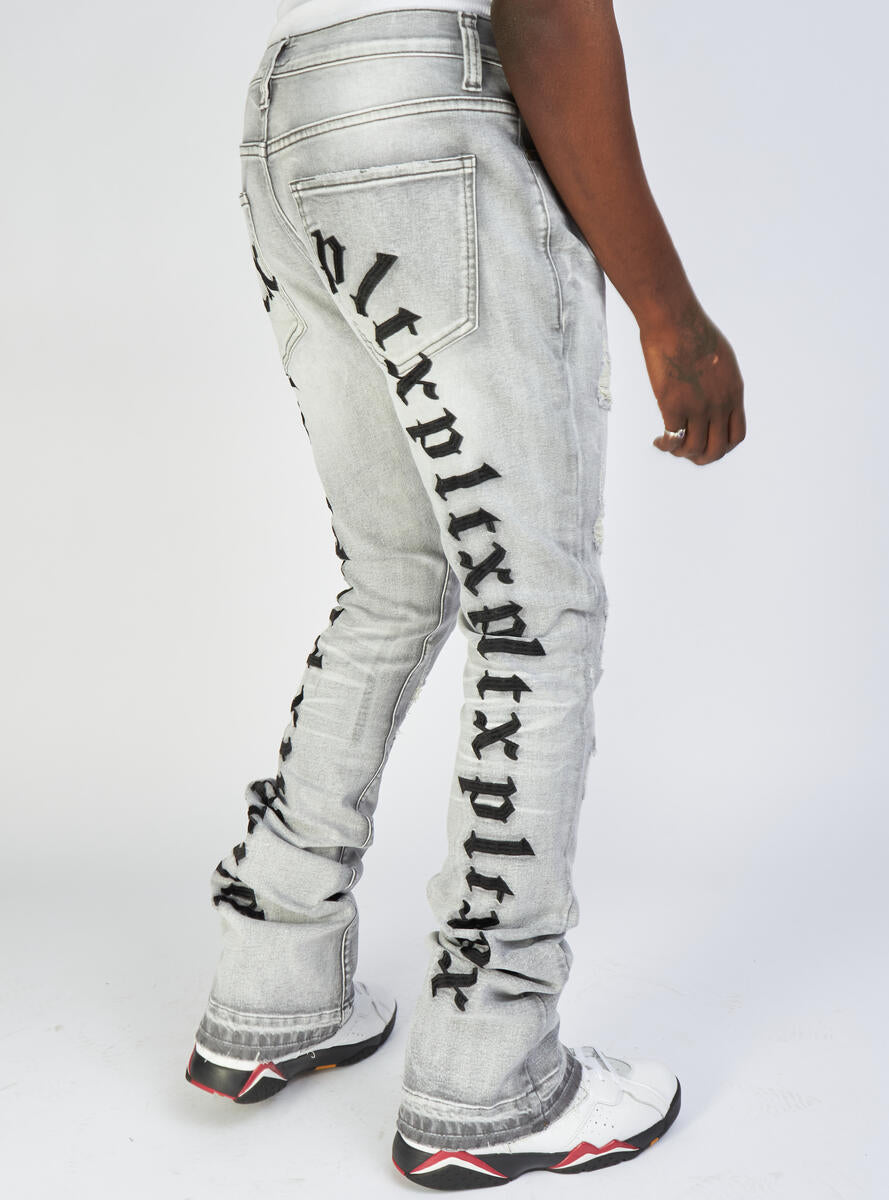 Politics Jeans - Mac - Embroidered Skinny Stacked Flare - Grey And Bla ...