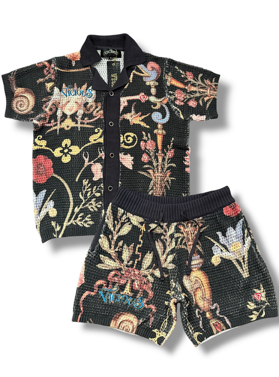 Vicious Denim Short Set - Knitted Crochette Button down Short Set - Bl ...
