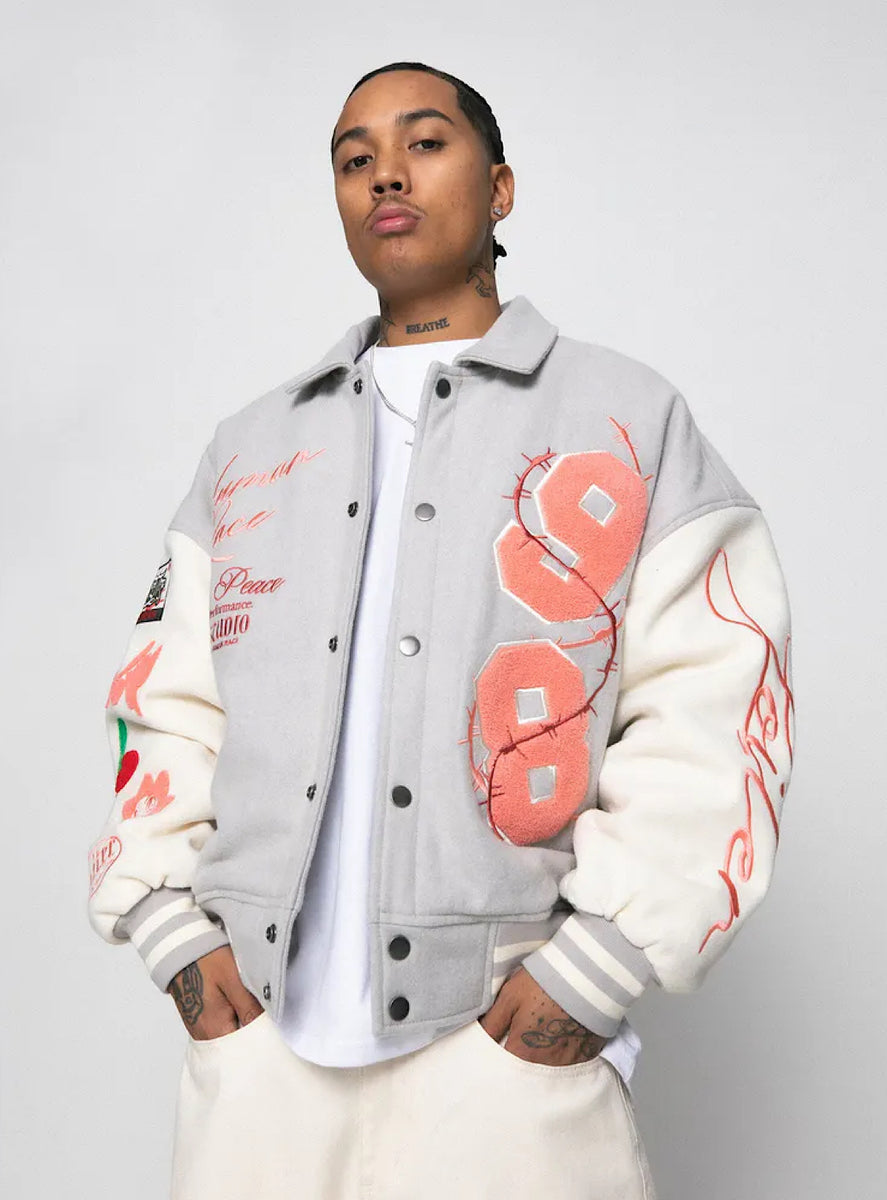 Loiter Jacket - Flower Varsity - Light Grey And Off White - LTFLOWVARJ ...