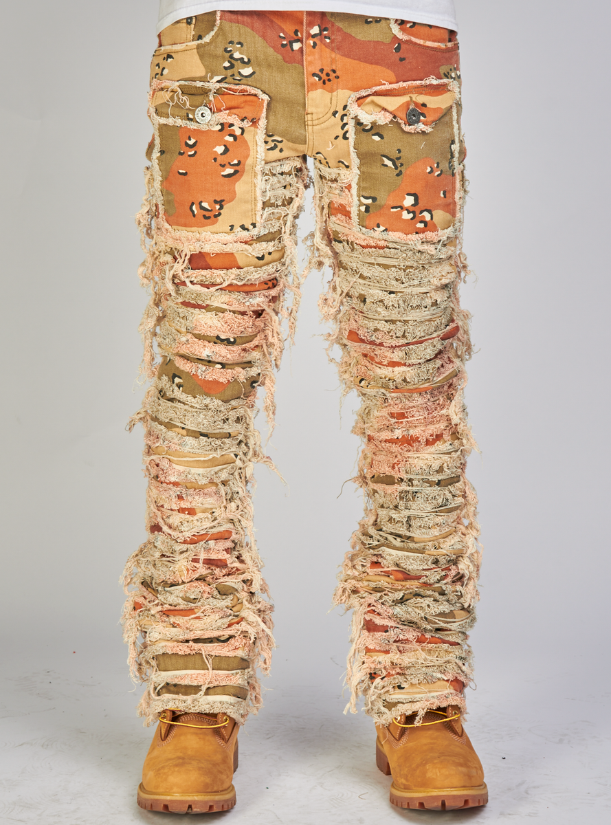 Majestik Jeans - Nirvana Rip And Frayed Stacked Pants - Orange Camo ...