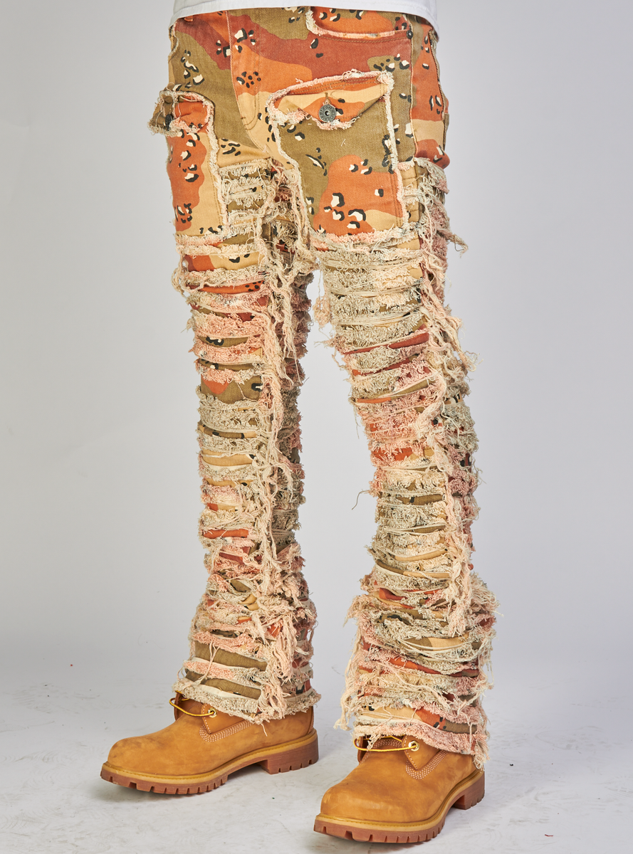 Majestik Jeans - Nirvana Rip And Frayed Stacked Pants - Orange Camo ...