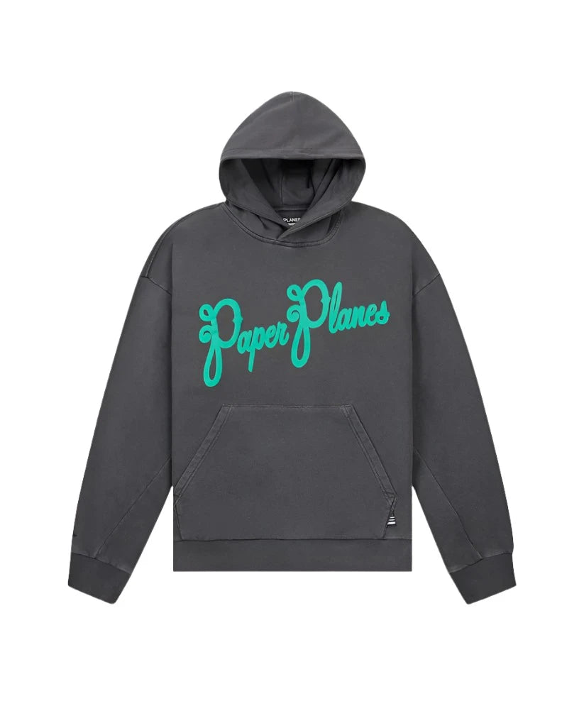Paper Plane Hoodie - Script Logo Puff Print Hoodie - Washed Black - 31 ...