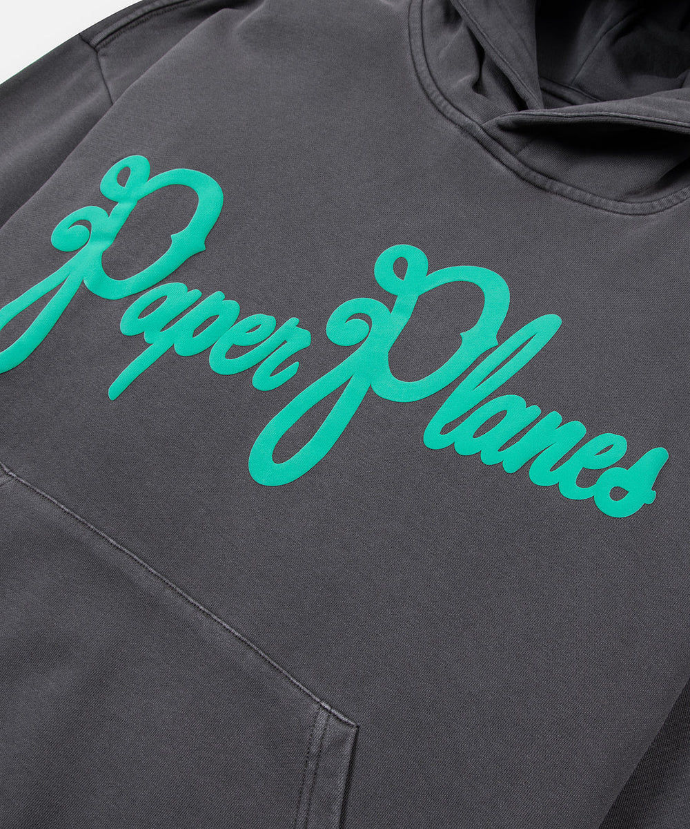 Paper Plane Hoodie - Script Logo Puff Print Hoodie - Washed Black - 31 ...