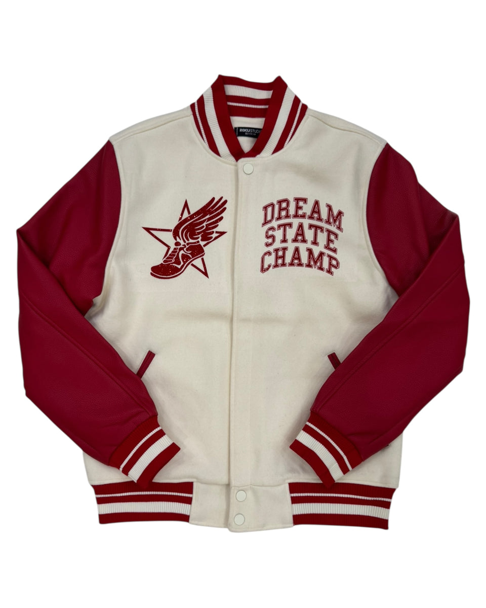 Roku Studio Jacket - Dream State Rhinestone Varsity - Eggshell And Red ...