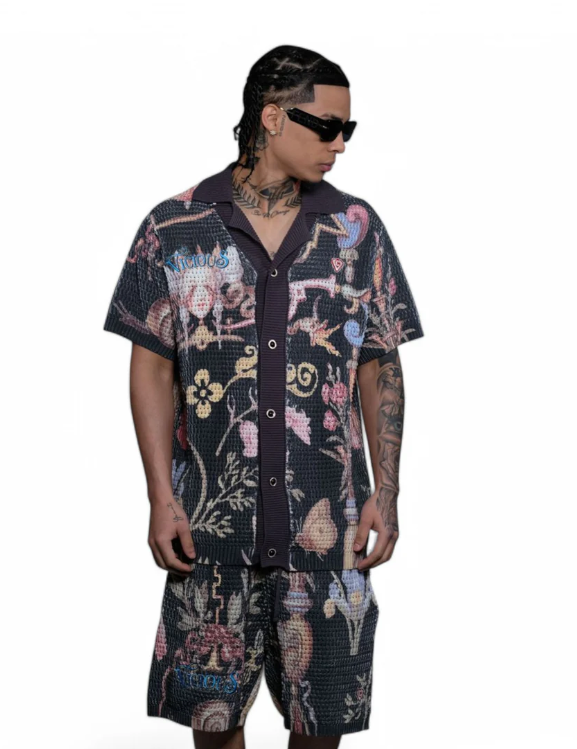 Vicious Denim Short Set - Knitted Crochette Button down Short Set - Bl ...