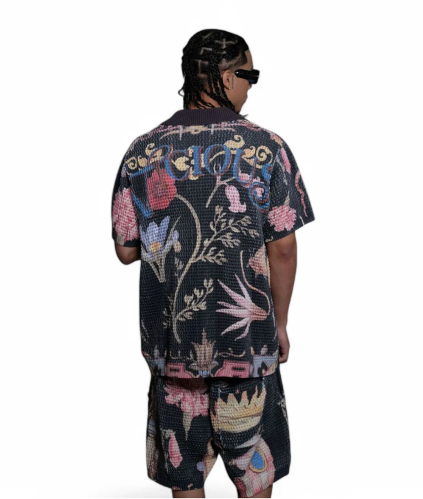 Vicious Denim Short Set - Knitted Crochette Button down Short Set - Bl ...