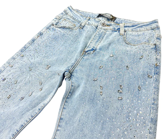 Vicious Jeans - Flare Rhinestone Denim - LT Blue - VC952 – Vengeance78