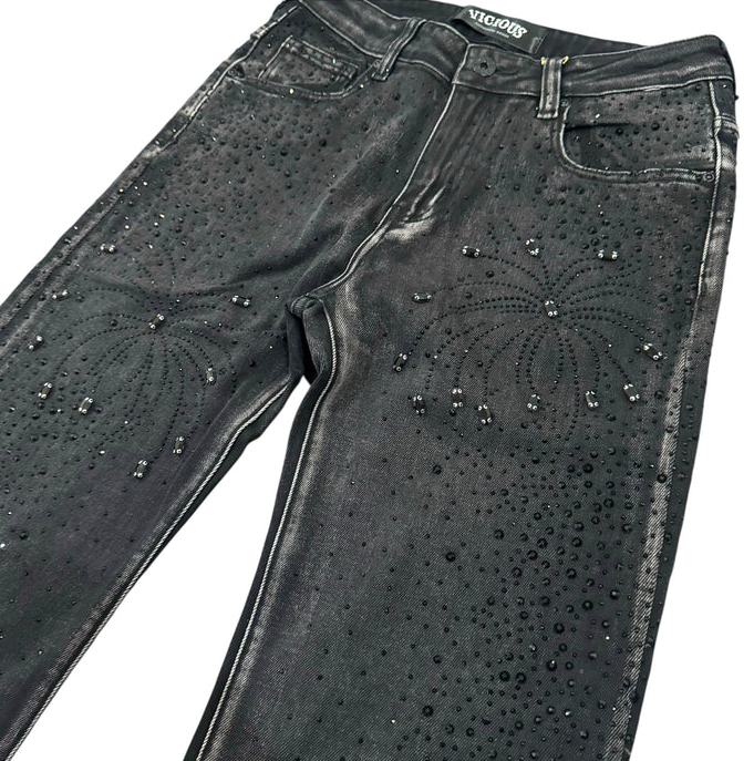Vicious Jeans - Flare Rhinestone Denim - Black - VC952 – Vengeance78