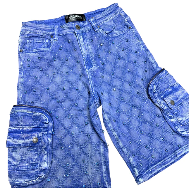 Vicious Shorts - Crystal Long Fit Cargo Denim Shorts - Wedgewood - VC9 ...